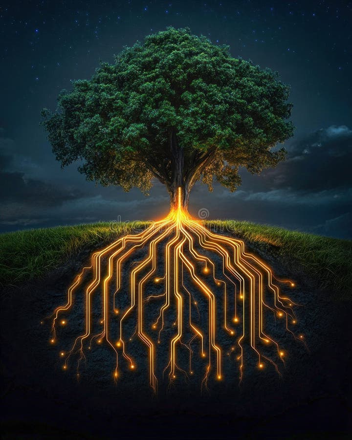 Ancient Tree with Roots Transforming into Glowing Neon Circuits Stock ...