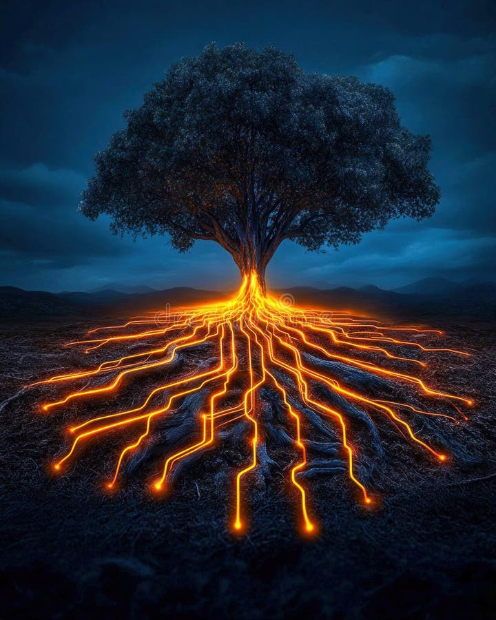 Ancient Tree with Roots Transforming into Glowing Neon Circuits Stock ...