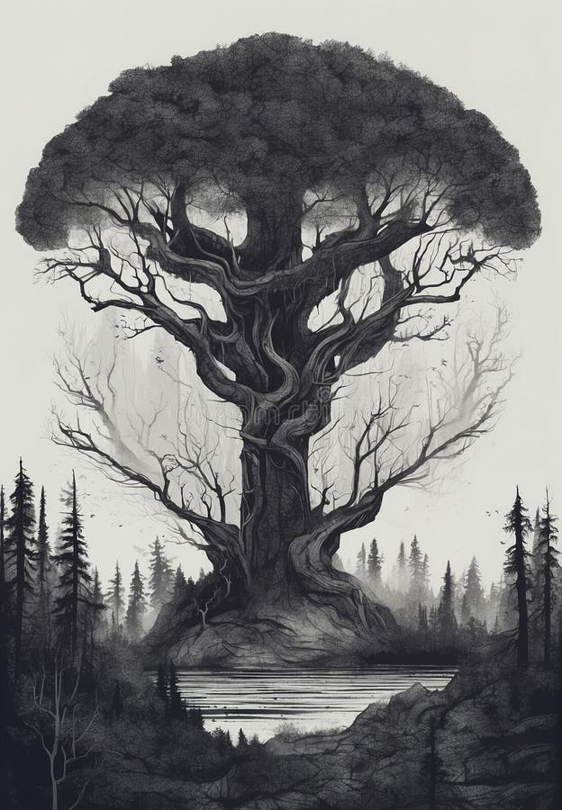 An Ancient Tree Silhouette in a Dark Forest Stock Illustration ...