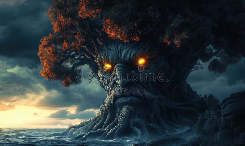 Ancient Tree Spirit with Glowing Eyes Overlooking Ocean at Sunset Stock ...