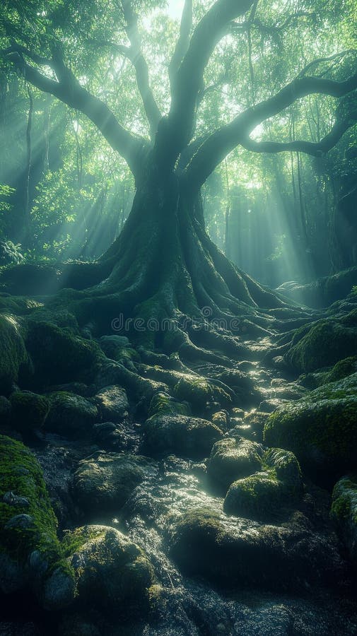 Ancient Tree with Sprawling Roots and Sunlight Filtering through Forest ...