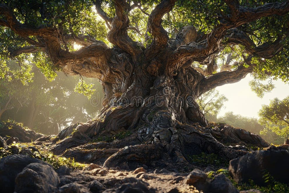 An Ancient Tree with Sprawling Roots, Surrounded by Lush Foliage Stock ...