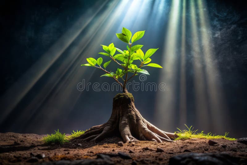 Ancient Tree Sprout a Striking Contrast of Light and Shadow Stock ...