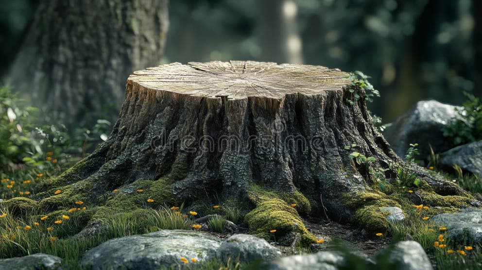 Ancient Tree Stump in a Lush Forest Setting Stock Illustration ...