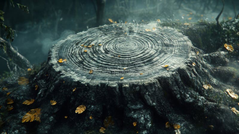 Ancient Tree Stump in a Misty Forest Setting Stock Illustration ...