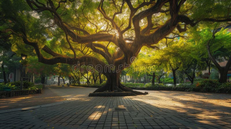 Ancient Tree in Sunlit City Park. Venerable Tree Spreads Its Branches ...