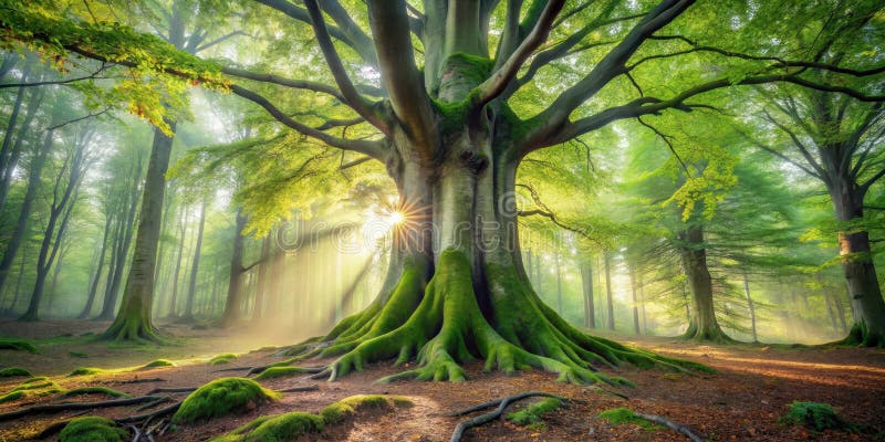 Ancient Tree in Sunlit Forest, Majestic Roots and Canopy. Generative AI ...