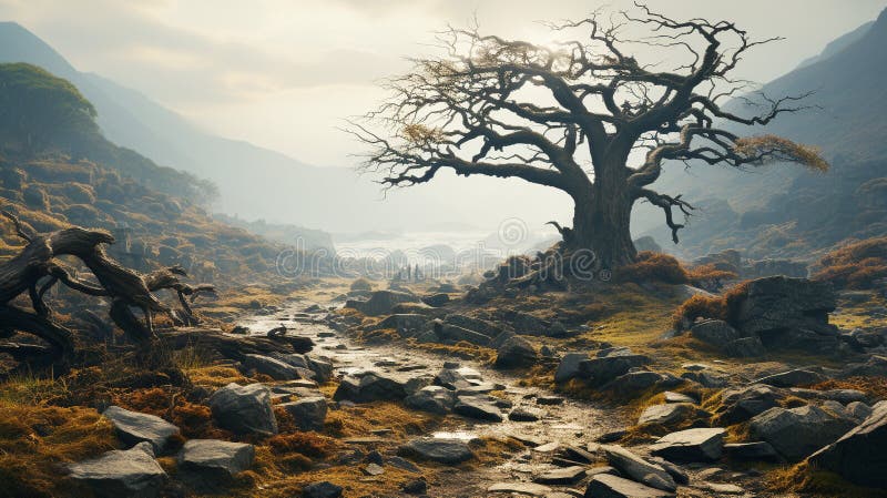 Ancient Tree Trunk Stands Tall in Spooky October Landscape Stock ...