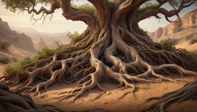 Ancient Tree with Twisted Roots in Desert Stock Image - Image of ...