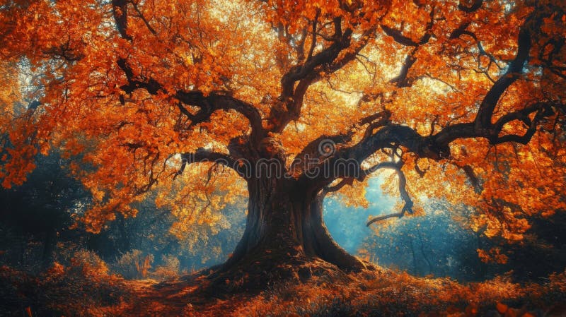 Ancient Tree with Vibrant Autumn Foliage in a Mystical Forest Stock ...