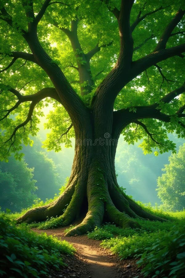 Ancient Tree, Vibrant Green Canopy, Sunlight Dappled, Mindfulness, Day ...
