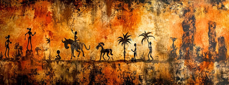 Ancient Tribal Art Style Mural with Human and Animal Figures Stock ...