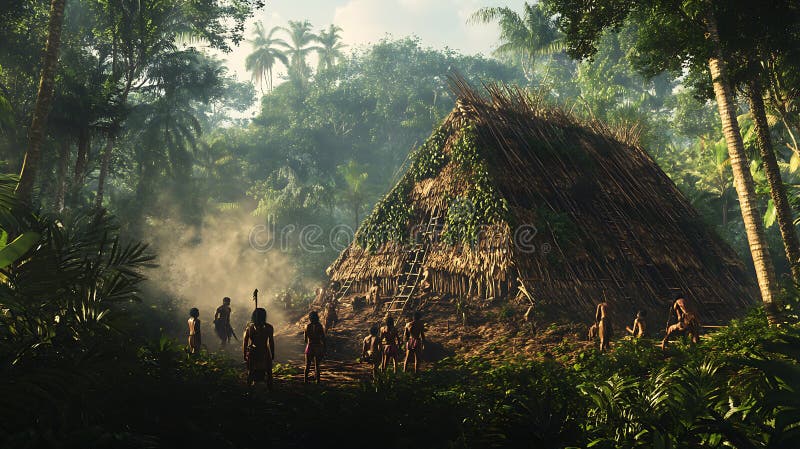 Ancient Tribal Community Near a Thatched House in a Jungle Stock ...