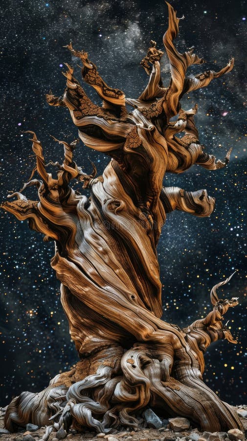 Ancient Twisted Tree Against Starry Night Sky Stock Image - Image of ...