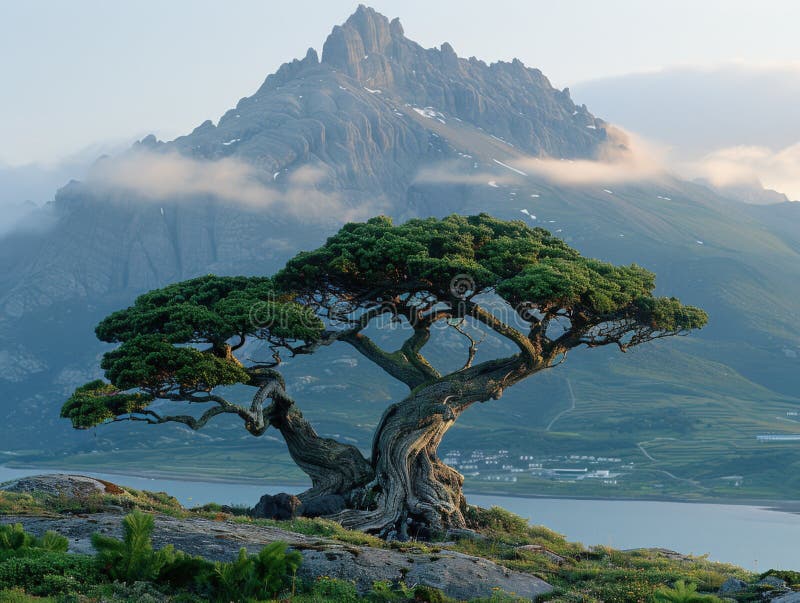 An Ancient Twisted Tree with a Majestic Mountain in the Background ...