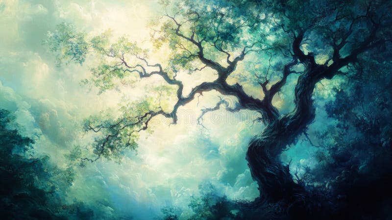 Ancient Twisted Tree Reaching Skyward through Clouds Stock Illustration ...