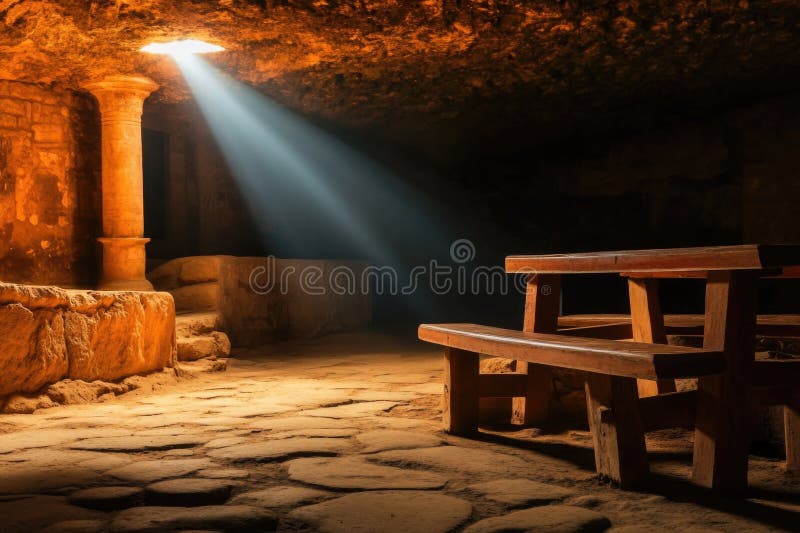 Ancient Underground Chamber with Sunlit Beam and Wooden Benches Stock ...