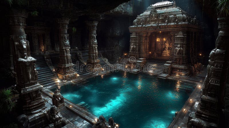 Ancient Underground Temples with Glowing Elements Stock Photo - Image ...