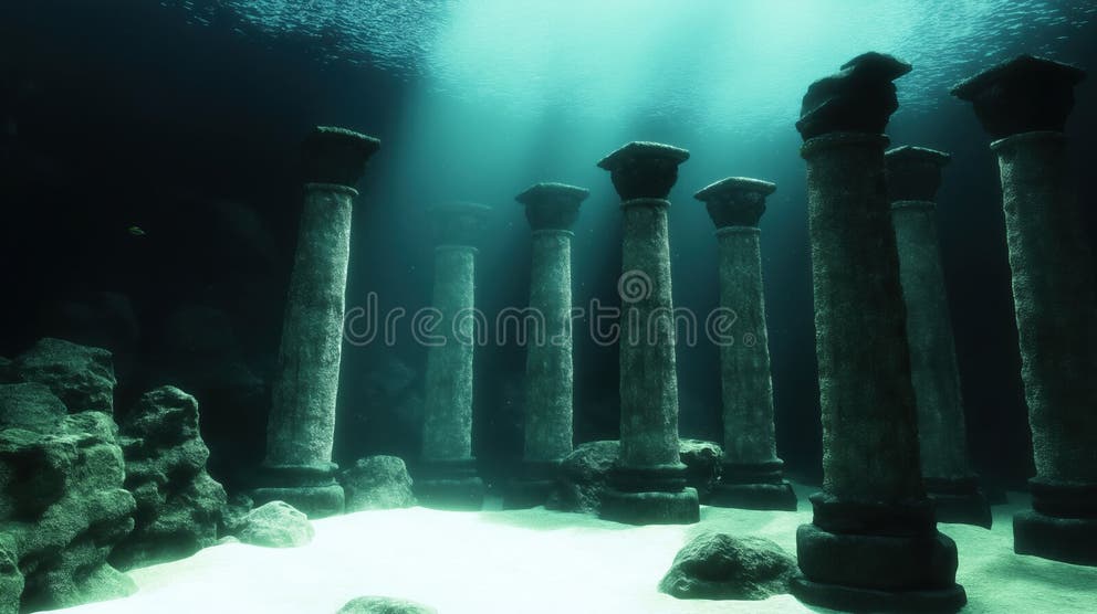 Ancient Underwater Ruins with Stone Columns and Sunlight Streaming ...