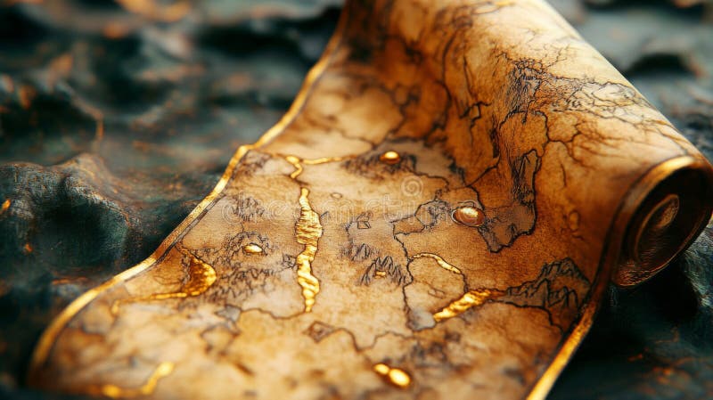 Ancient Unrolled World Map Parchment Scroll on Rough Dark Surface Stock ...