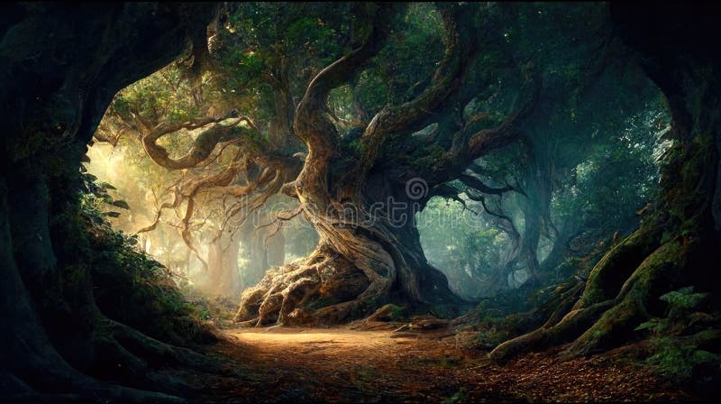 An Ancient and Very Old Tree in a Forest Stock Illustration ...