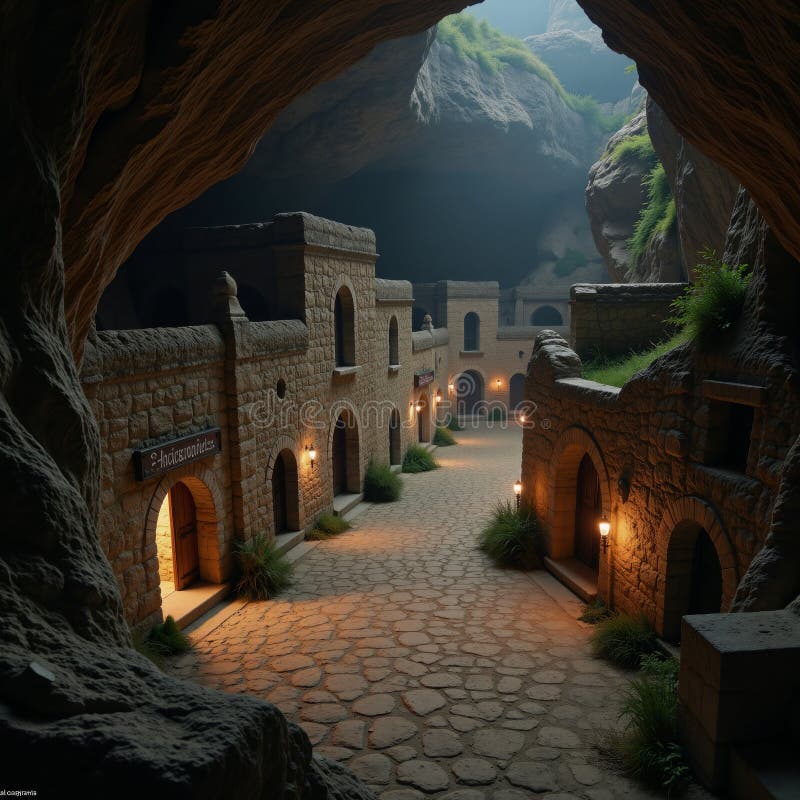 An Ancient Village Hidden within a Dimly Lit Cave Stock Illustration ...