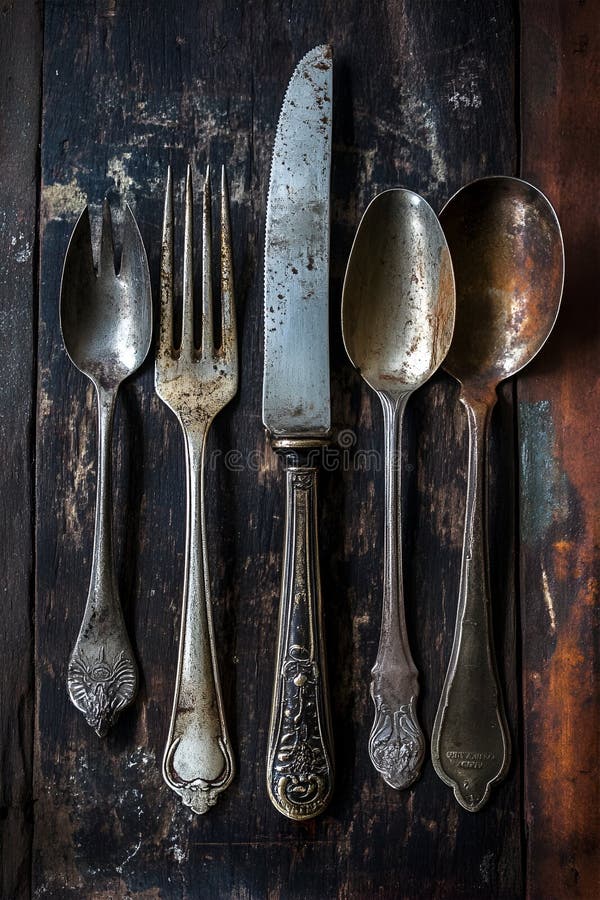 Ancient Vintage Silver Flatware on a Black Background. Stock ...