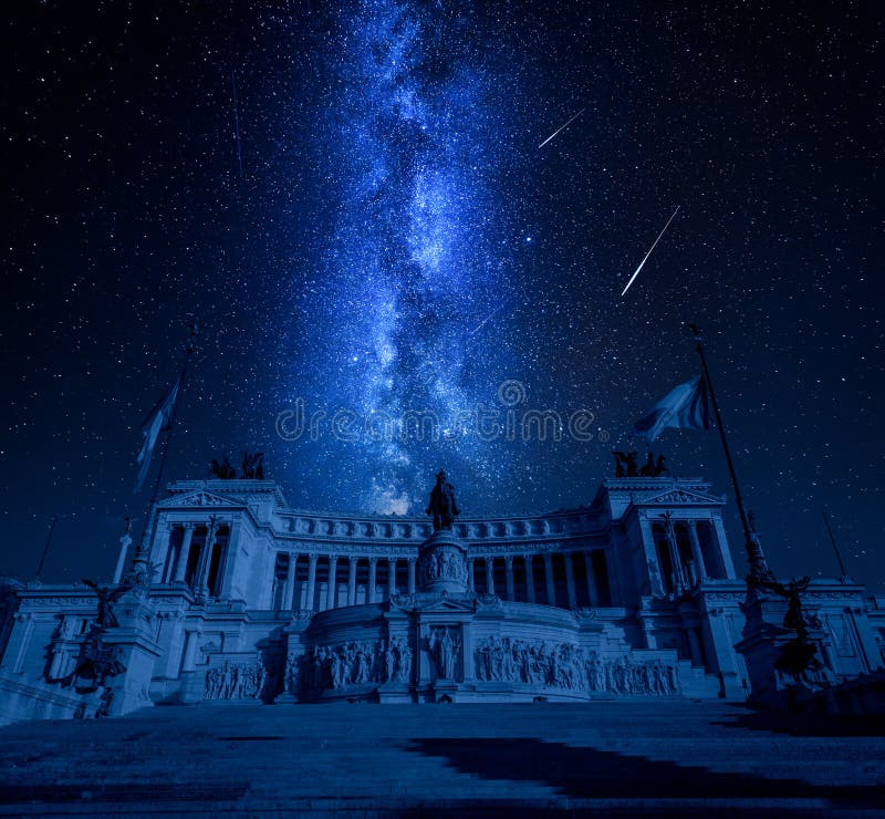 Ancient Vittorio Emanuele II with Falling Stars, Rome, Italy Stock ...