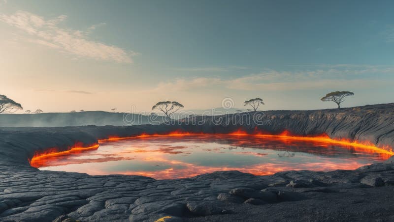 Ancient Volcanic Landscape with Magma Lake Formation Stock Image ...