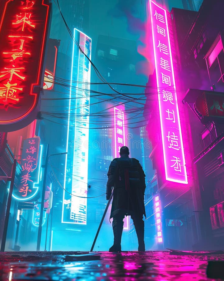 Ancient Warrior in Digital Era Surrounded by Neon Lights a Stark ...