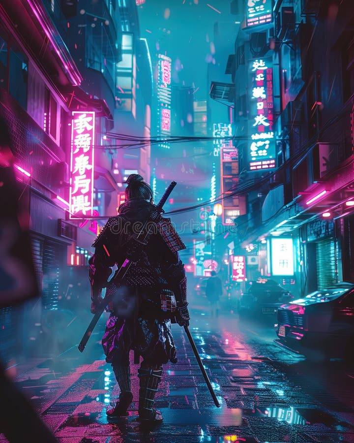 Ancient Warrior in Digital Era Surrounded by Neon Lights a Stark ...