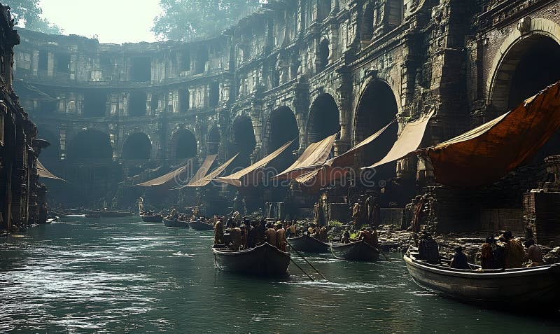 Ancient Waterway Market Scene Stock Illustration - Illustration of ...