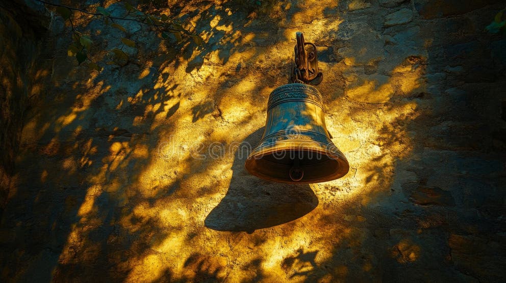 Ancient Weathered Bell on Stone Wall with Golden Light Stock ...