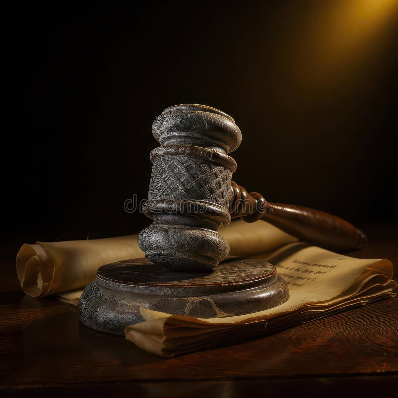 Ancient Weathered Stone Gavel Resting on Aged Parchment Scrolls ...