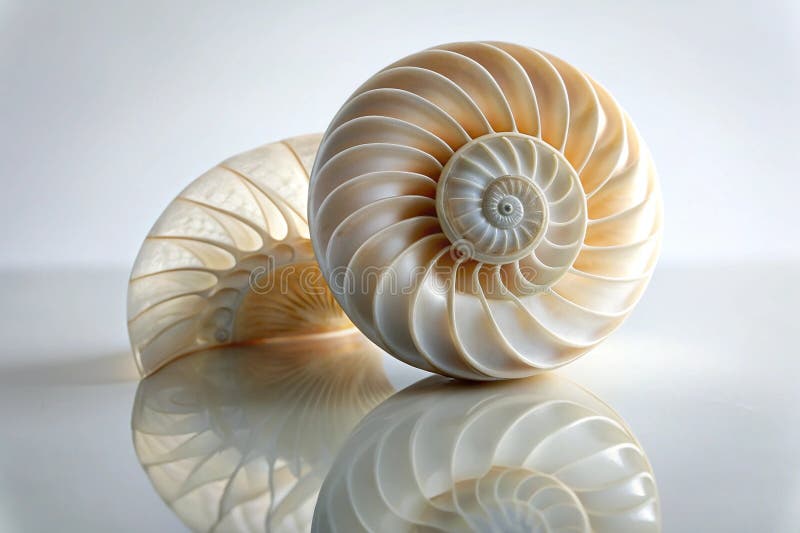 Ancient White Shell with Spiral Pattern on White Mirror Background with ...