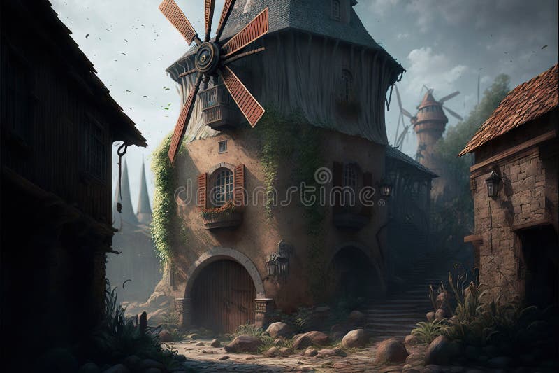 Ancient Windmill in Medieval City Stock Illustration - Illustration of ...