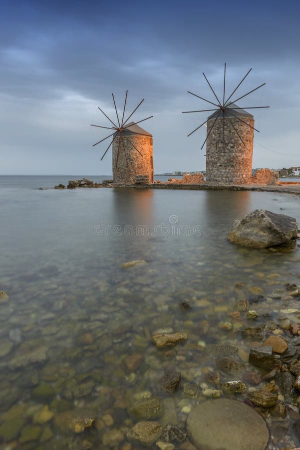 Ancient Windmills of Chios at Night Stock Image - Image of horizon ...
