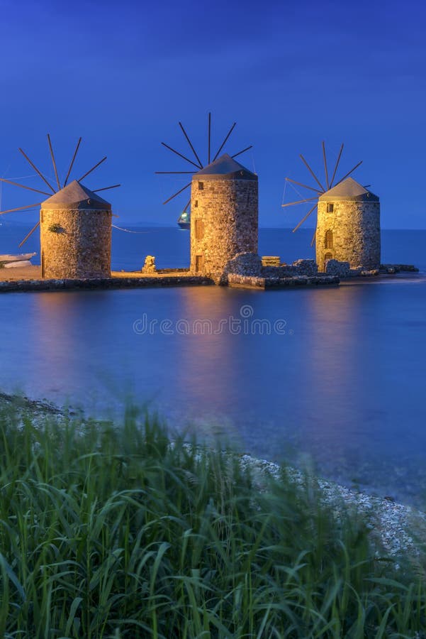Ancient Windmills of Chios at Night Stock Image - Image of horizon ...