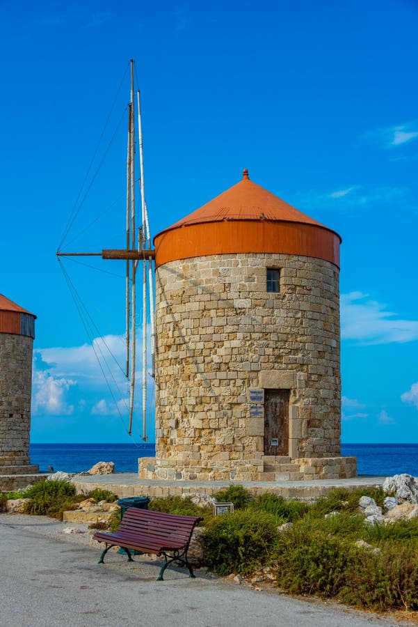 Ancient Windmills at the Port of Rhodes, Greece Stock Image - Image of ...