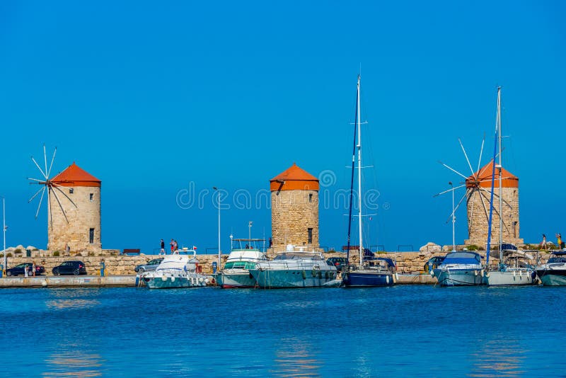 Ancient Windmills at the Port of Rhodes, Greece Editorial Photo - Image ...