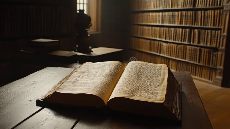 Ancient Wisdom Open Book in a Timeless Library Stock Photo - Image of ...