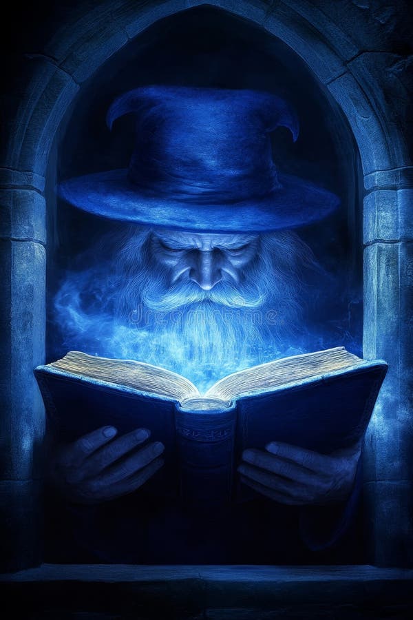 Ancient Wizard Conjuring Blue Magic from Arcane Tome in Gothic ...
