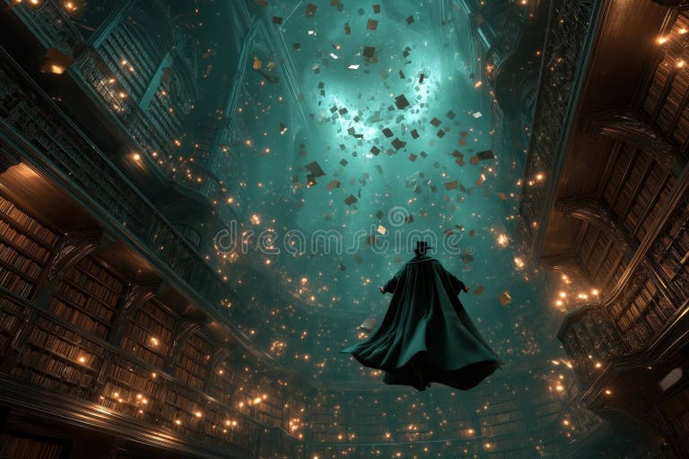 Ancient Wizard Hovers Calmly in Glowing Library Filled with Enchanted ...