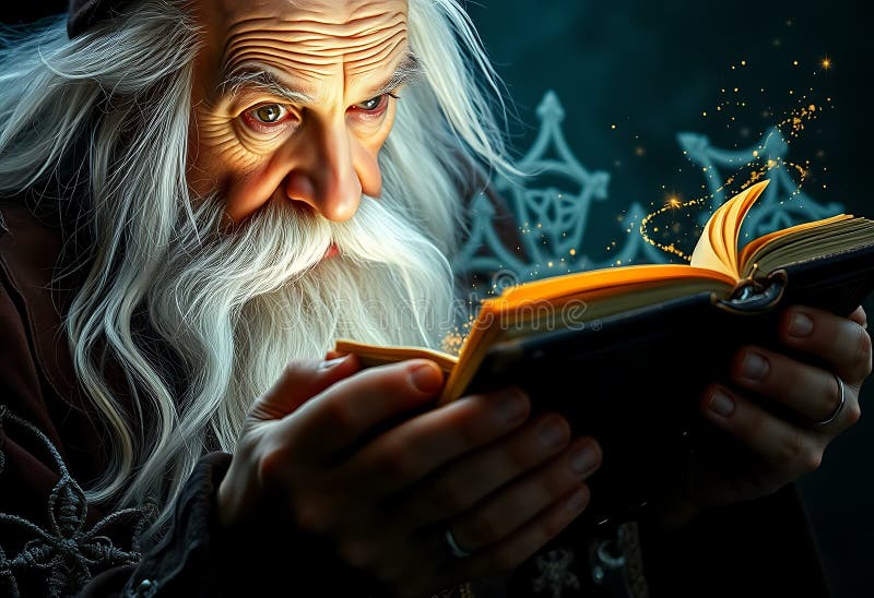 Ancient Wizard Reading Magical Glowing Book Dark Background Stock ...