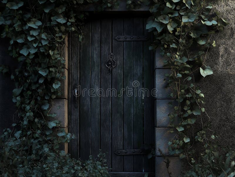 An Ancient Wooden Door Overgrown with Greenery Stock Illustration ...