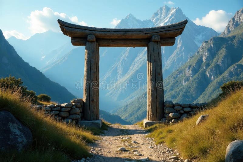 Ancient Wooden Gate Leading To Towering Mountains, Mountain, Stone ...