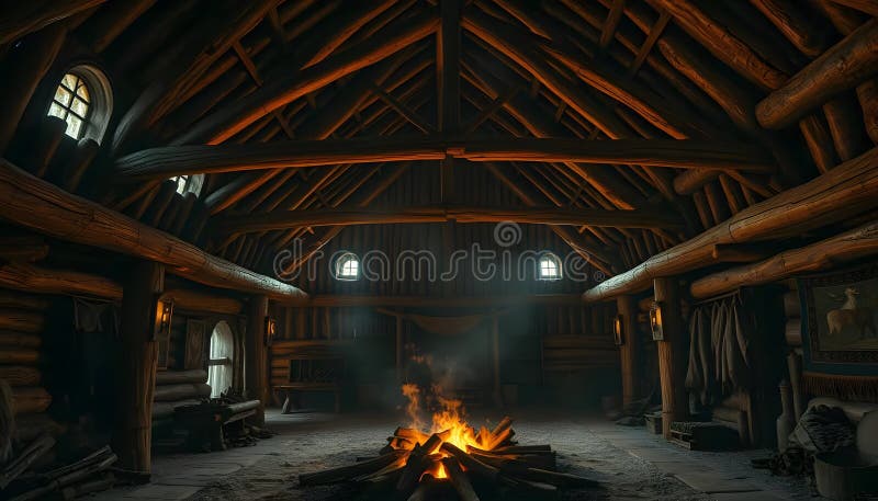 Ancient Wooden Hall with a Fire Stock Illustration - Illustration of ...