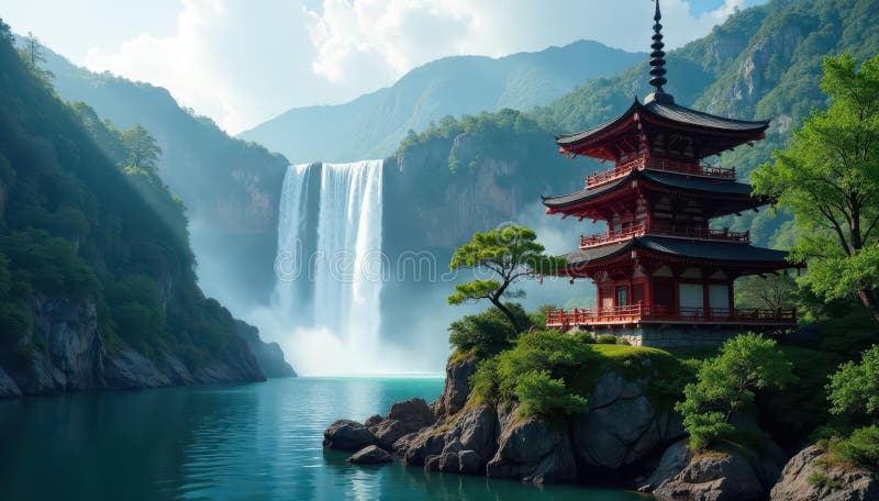 Ancient Wooden Pagoda Overlooking Powerful Waterfall, Pagoda, Building ...