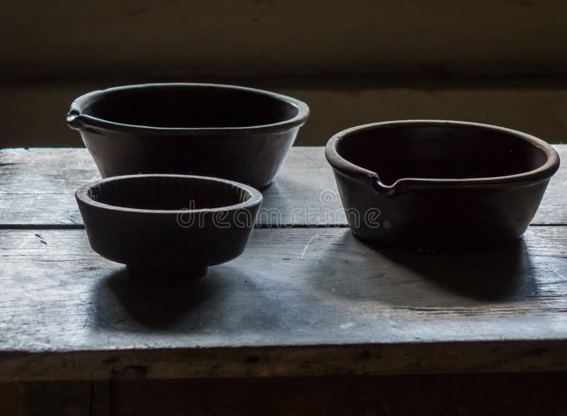 The Ancient Wooden Plates on a Table Stock Photo - Image of basin ...