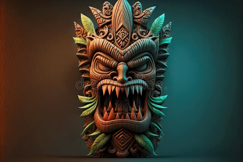 Ancient Wooden Tiki Mask with Teeth of Exotic Tribes Stock Illustration ...